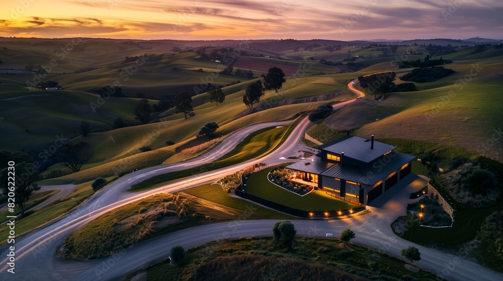 An aerial view of a modern farmhouse at dusk, nestled amidst rolling ...