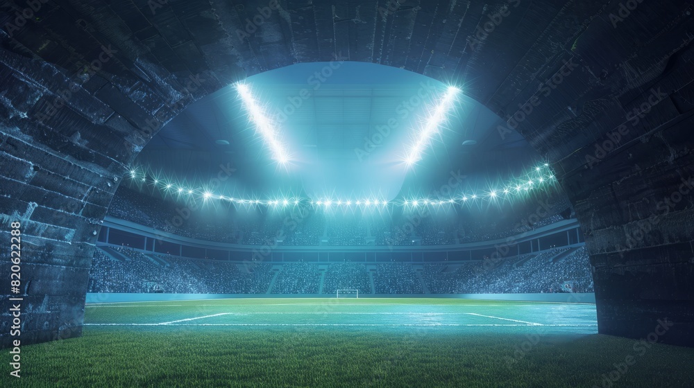 Stadium tunnel leading to soccer field. Players, athletes entrance to ...
