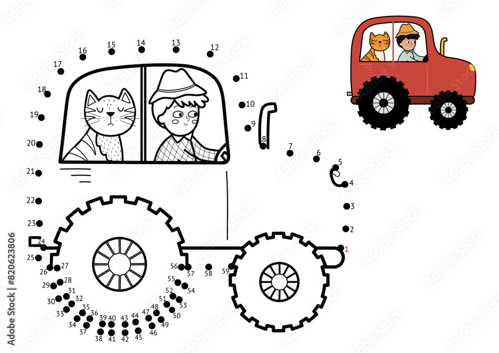 Dot to dot game for kids. Connect the dots and draw a tractor with cute ...