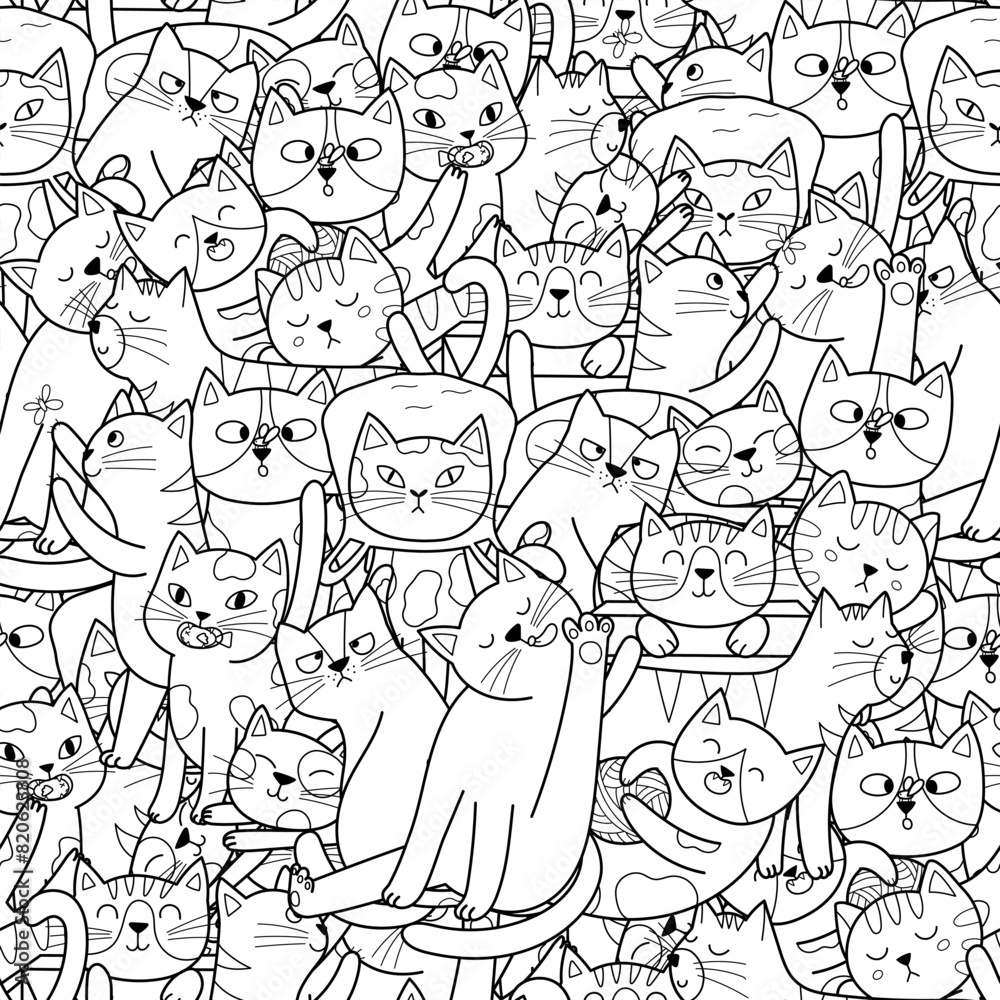 Cute doodle cats black and white seamless pattern for kids. Funny ...