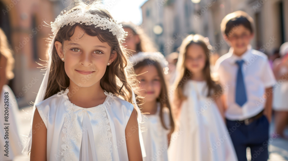 Children celebrating their First Communion in a church, dressed in ...