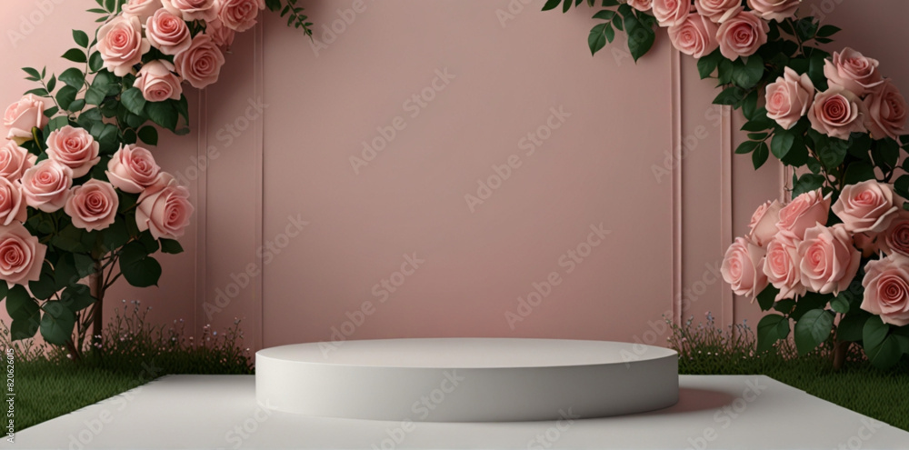 Podium background 3D product platform display pink rose stage pedestal ...