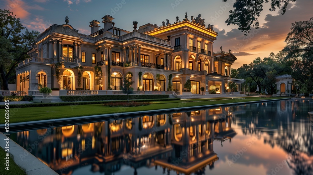 The exterior of a luxury mansion at twilight, with warm exterior ...