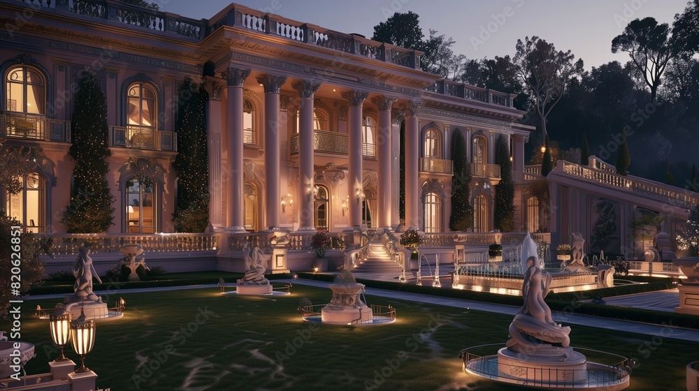 The exterior of a luxury mansion bathed in soft evening light, with ...