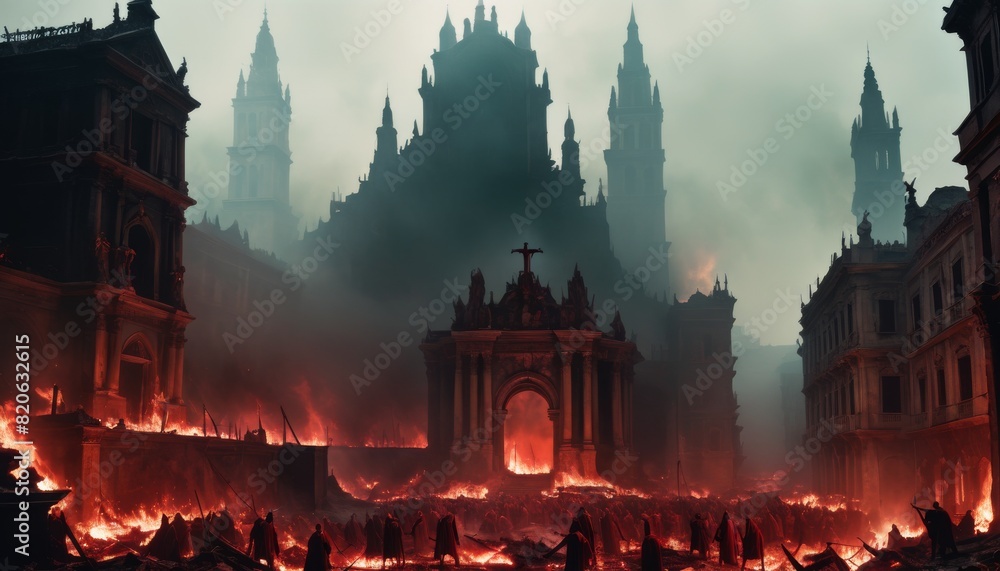 A dystopian cityscape looms under a smoky sky as a fiery chasm cleaves ...
