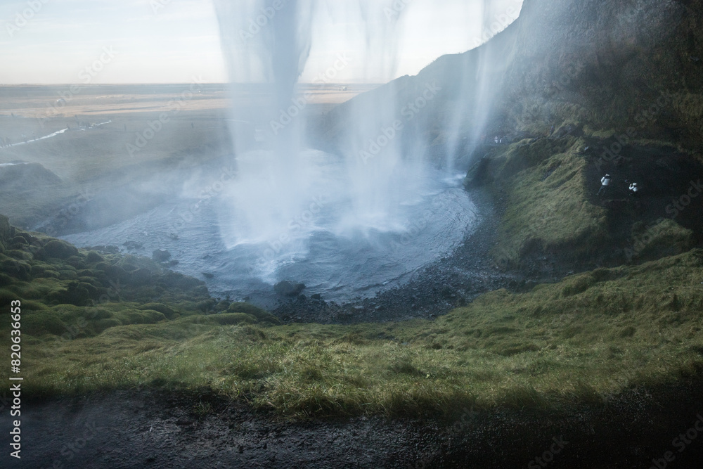 seljalandsfoss waterfall, waterfall in iceland, water splashes, foot of ...