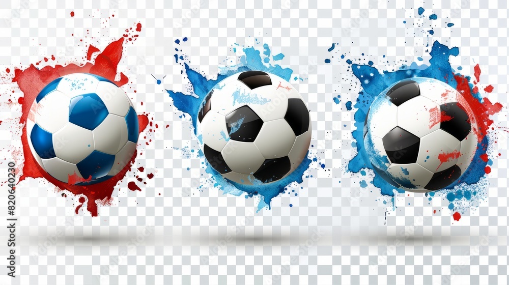 Set of different soccer balls in blue and red paint splash. Bundle of ...