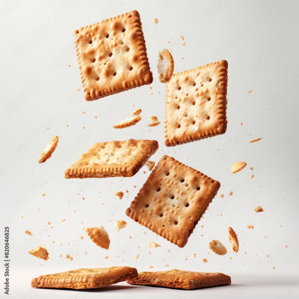 Dynamic Crisp Crackers Floating Mid-Air with Crumbs Against White ...