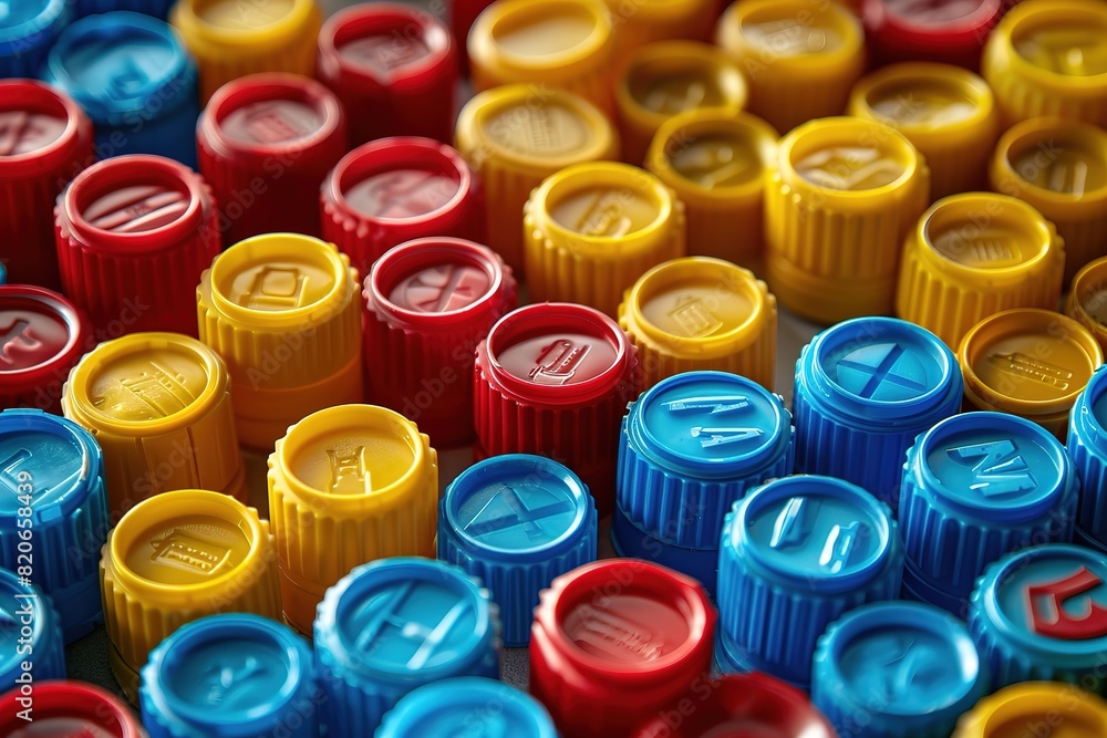Isolated plastic caps. Recycle, reuse and reduce concept. PVC, PET ...