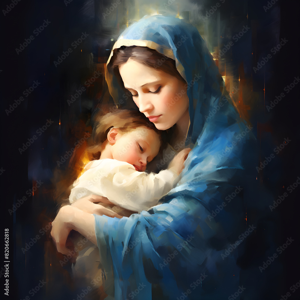 Mary hugging baby Jesus, Son of God, Christmas nativity scene Stock ...