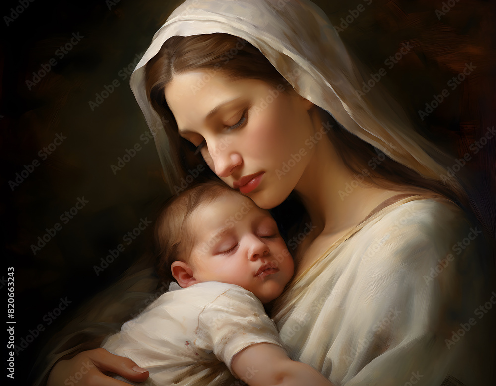 Mary hugging baby Jesus, Son of God, Christmas nativity scene Stock ...