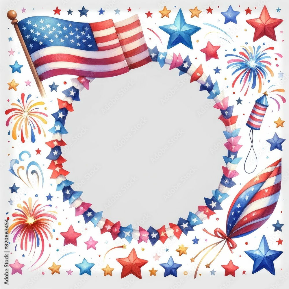 Fourth of July themed border and frame. watercolor illustration ...