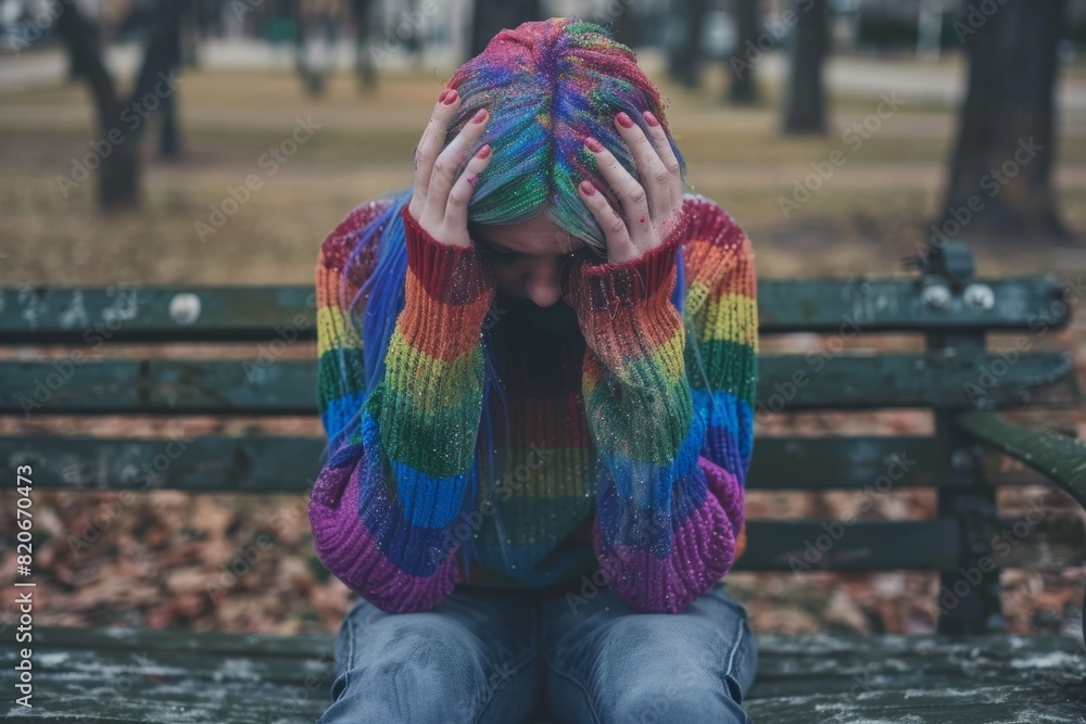 Sad lesbian woman with LGBTQ rainbow tattoo covering her head with ...