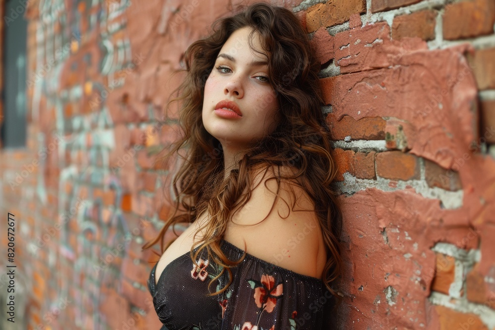 Beautiful fat lesbian woman with long brown curly hair, dressed in an ...