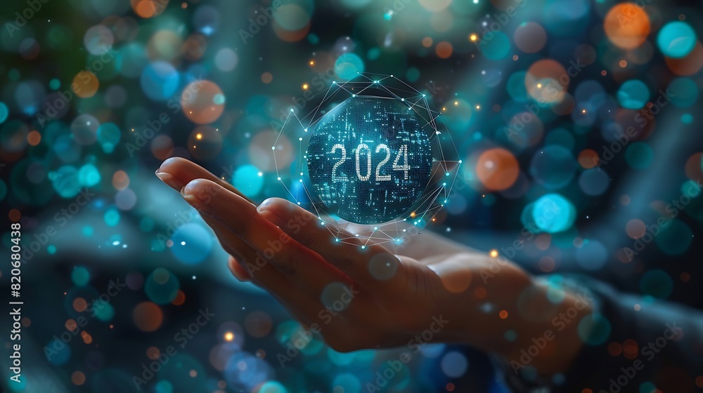 Hand holding virtual digital icon of number "2024" with technology ...