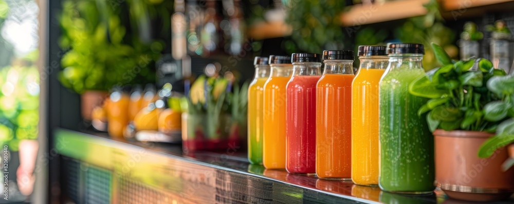 Detox juice bar Top view of a juice bar counter filled with detoxifying ...