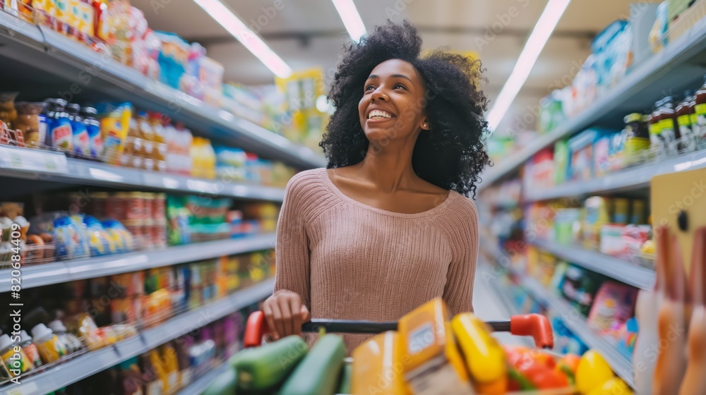 A woman is happily choosing fresh produce and healthy items in a ...