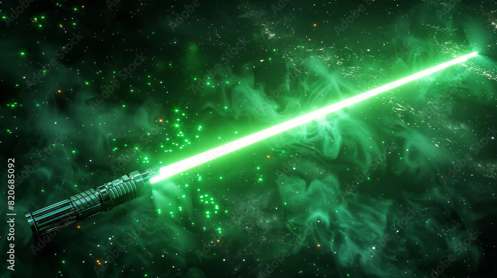 Illuminated green lightsaber against a cosmic background with stars and ...