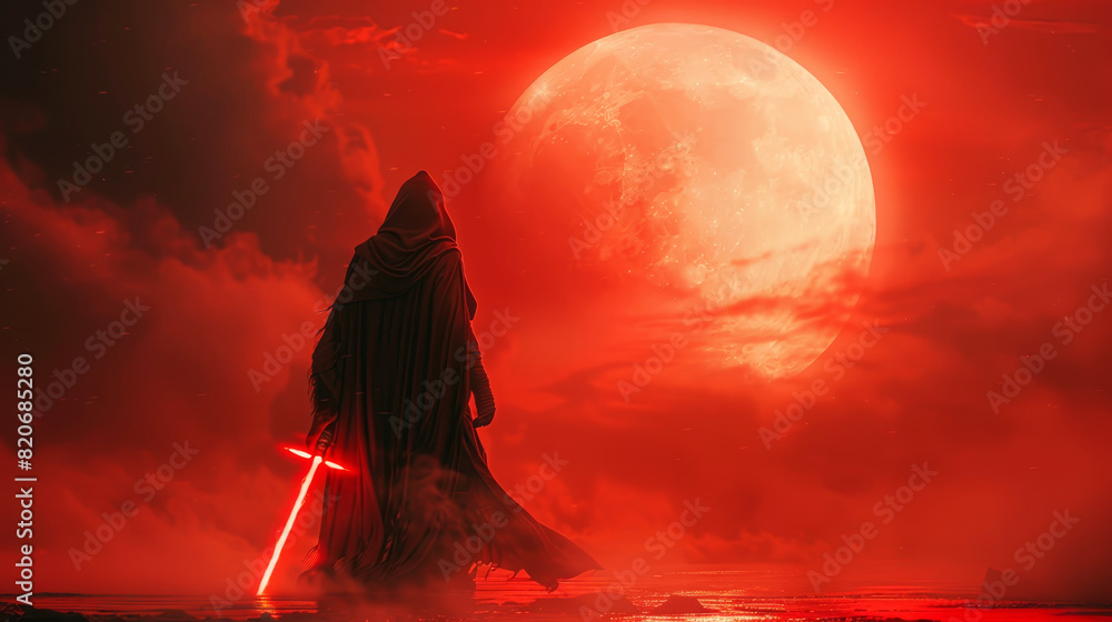 Mysterious warrior with a red lightsaber under a glowing moon in a dark ...