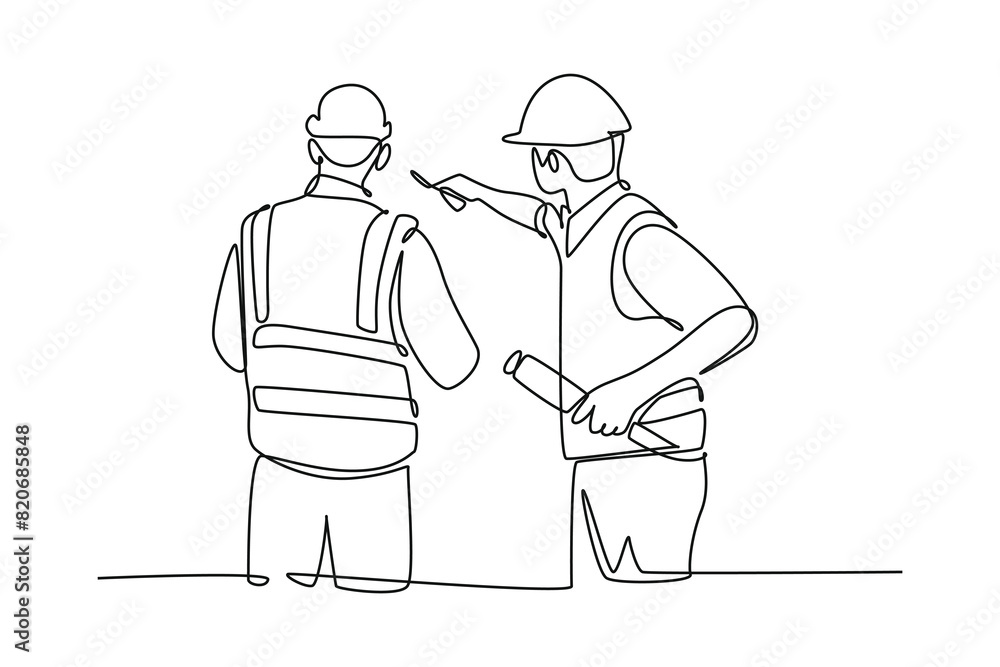 Continuous one line drawing of young foreman construction builder ...