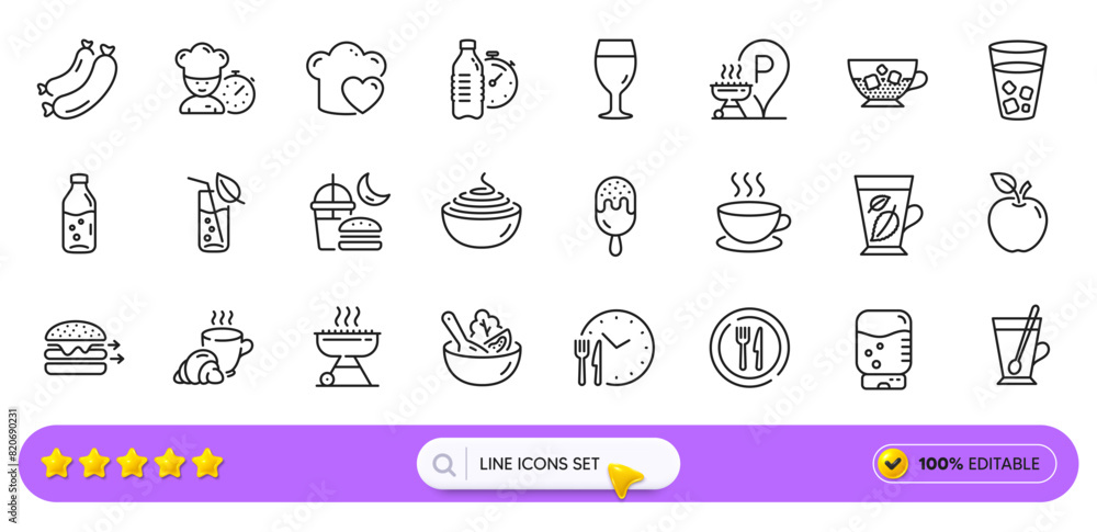 Salad, Grill place and Chef line icons for web app. Pack of Food time ...