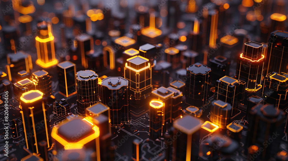 Construct an abstract cityscape composed of glowing hexagonal towers ...