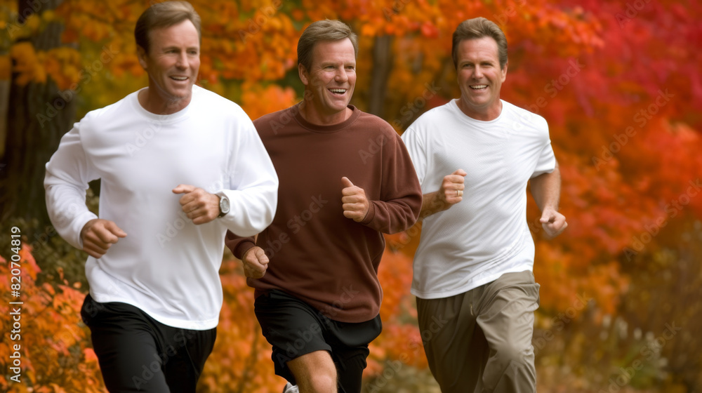 Twins running on street together for elderly fitness and urban wellness ...