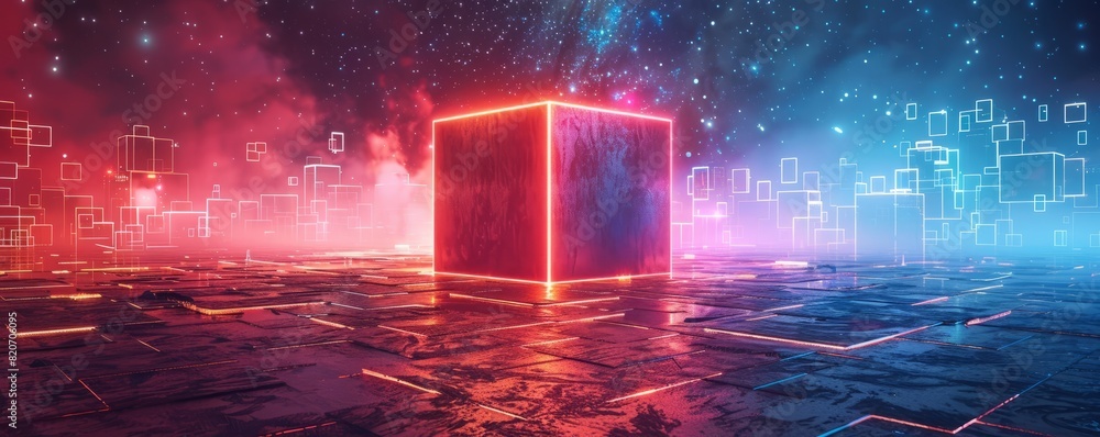 abstract red blue neon background. Glowing linear volumetric cube in ...