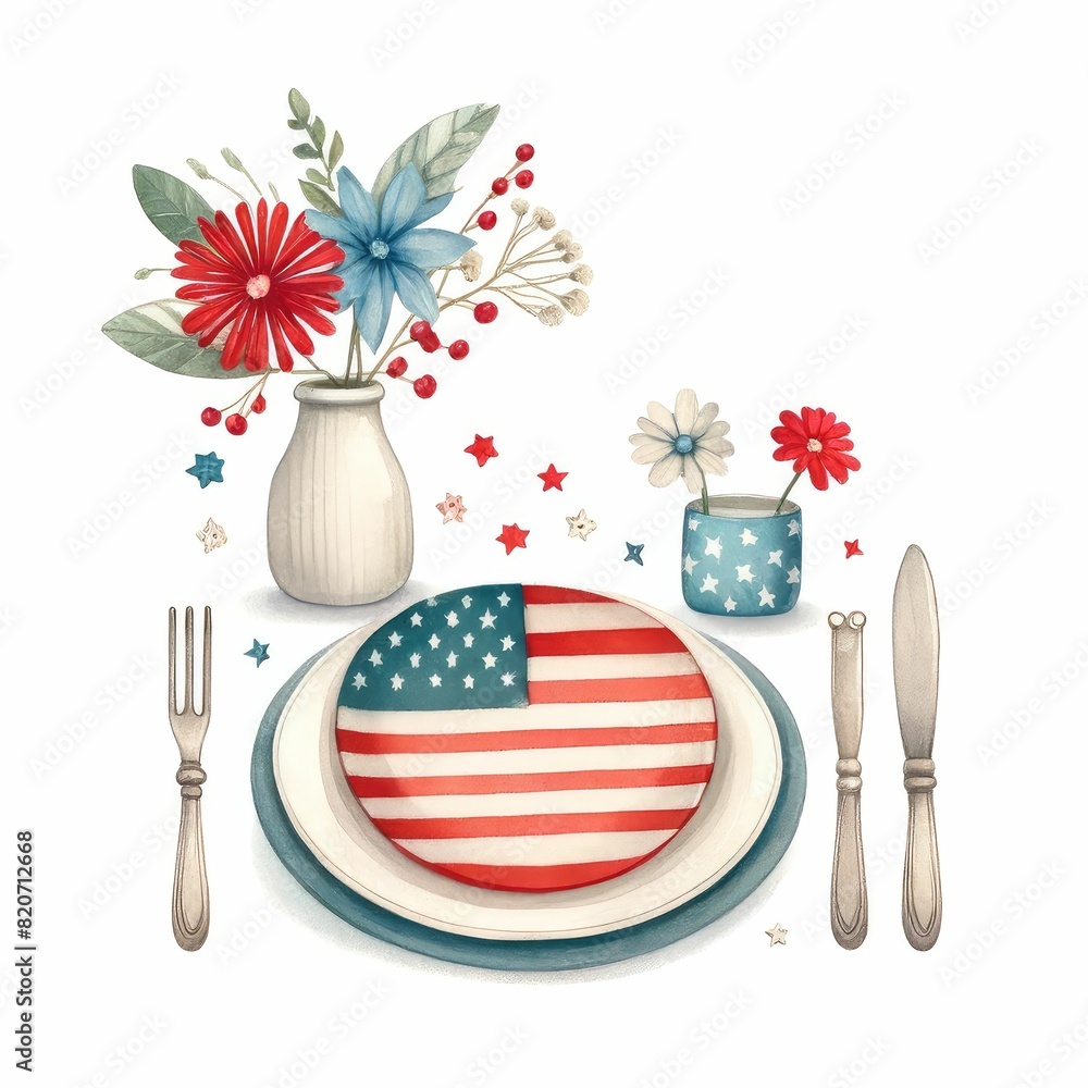 Festive Fourth of July table settings. watercolor illustration, Perfect ...