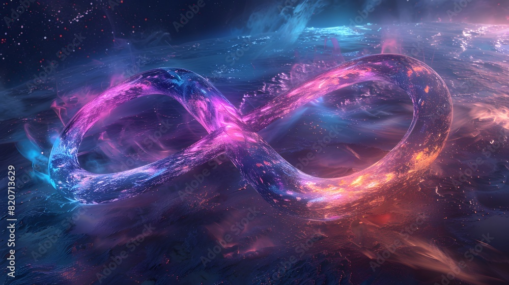 glowing infinity symbol set against a cosmic, nebula-like background ...