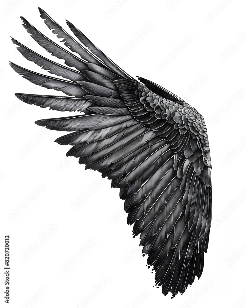 Black ink art print of a wing of bird, roman style, isolated white ...