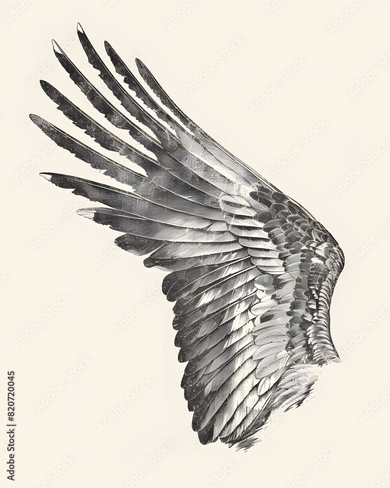 Black ink art print of a wing of bird, roman style, isolated white ...