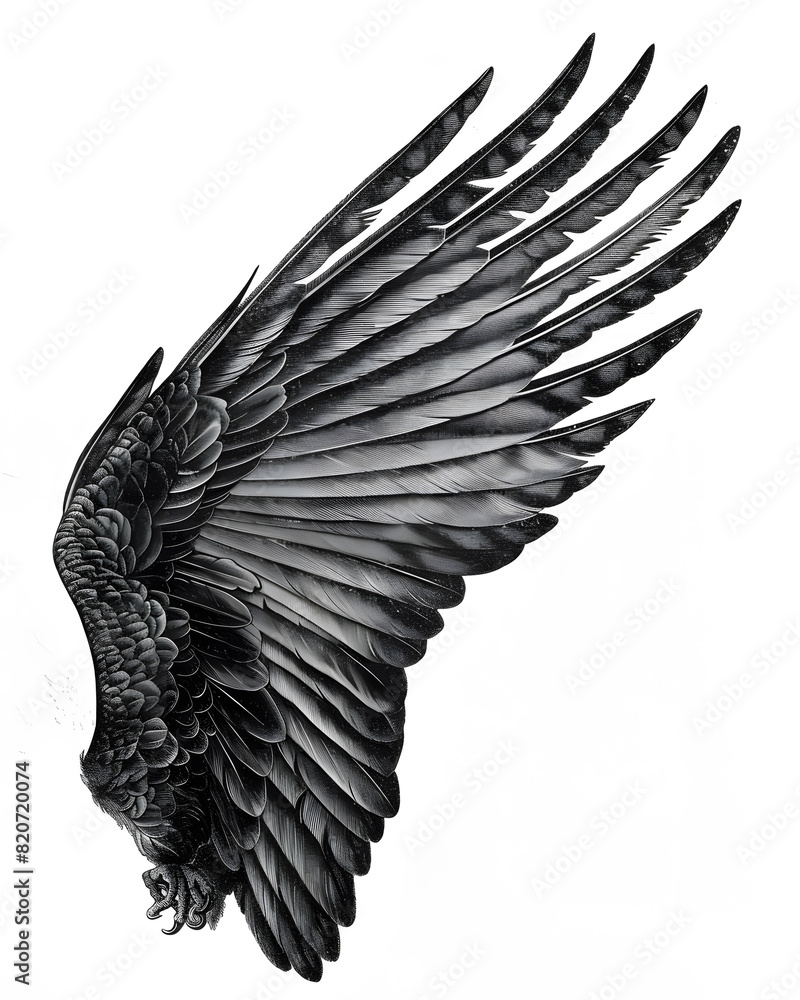 Black ink art print of a wing of bird, roman style, isolated white ...