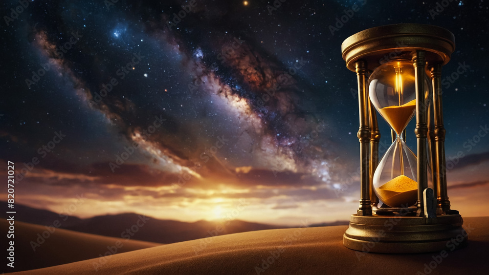 Hourglass hovering in space with ammonite fossil inside clock standing ...