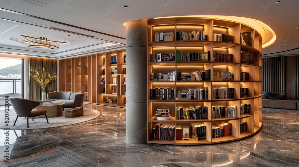 A drawing room with a custom-designed, circular bookshelf that wraps ...