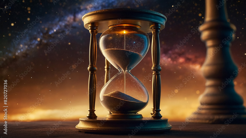 Hourglass hovering in space with ammonite fossil inside clock standing ...