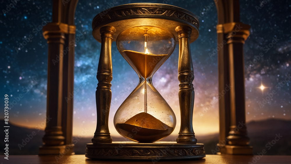 Hourglass hovering in space with ammonite fossil inside clock standing ...