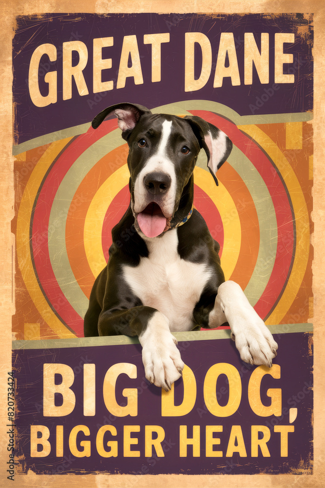 A retro-style poster featuring a Great Dane with a colorful concentric ...