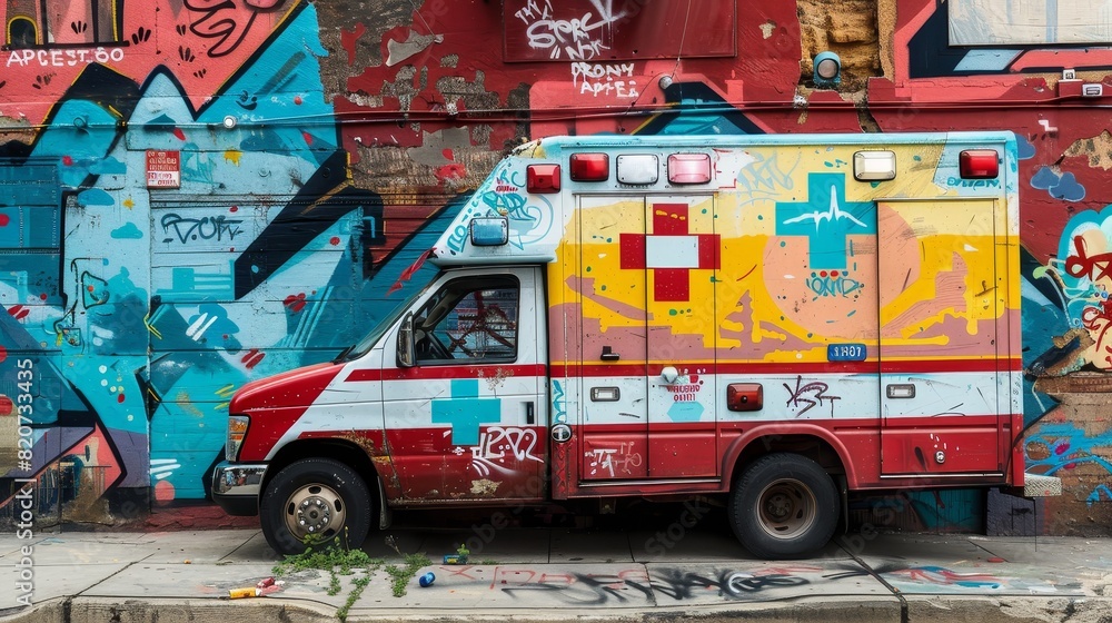 Street Art of a medical emergency unfolding, using graffiti art ...