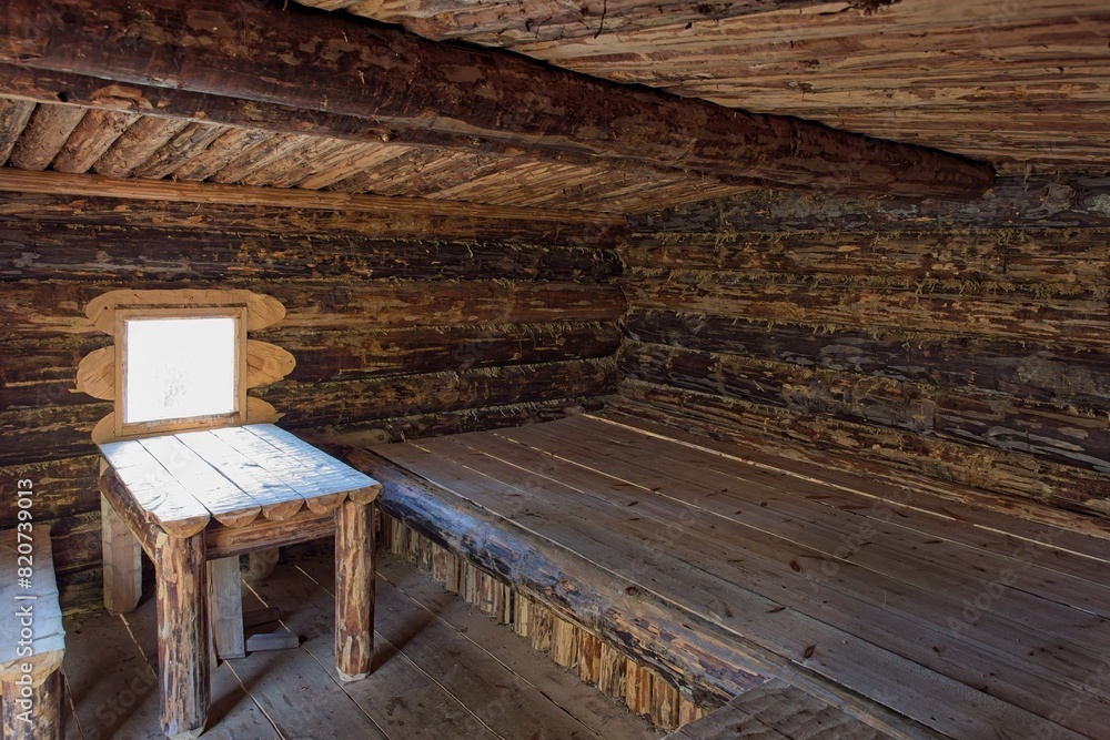 Inside of logging cabin at Nellim log flume, Nellim, Inari, Lapland ...