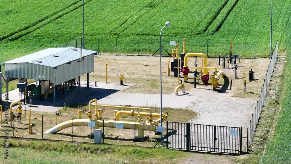 In the middle of a crop field, a gas station with yellow pipes, valves ...