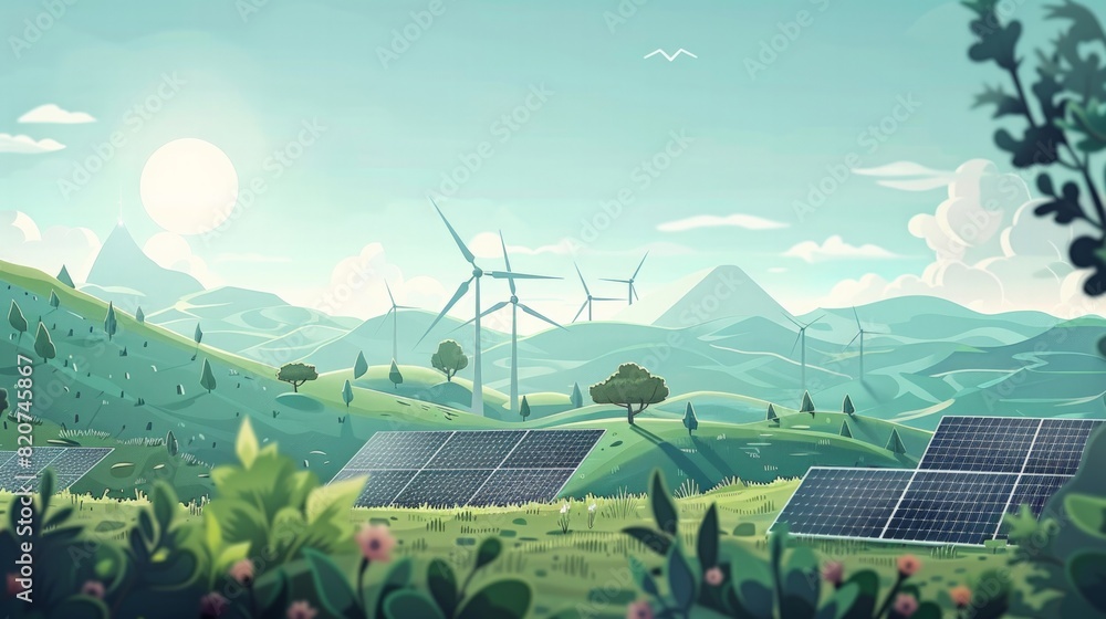 Sustainable Energy: Illustrate a landscape with wind turbines and solar ...