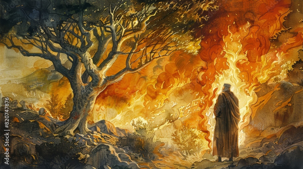 Burning Bush with Moses Standing in Awe and Reverence Biblical ... Burning Bush with Moses Standing in Awe and Reverence Biblical ...