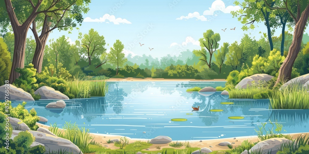 Cartoon summer forest landscape with lake. Little pond with blue clear ...