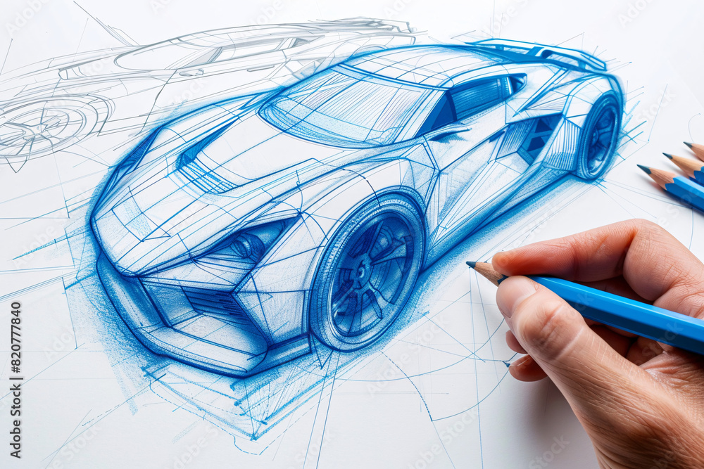 Hand drawing a detailed blueprint of a car, showcasing detailed lines ...