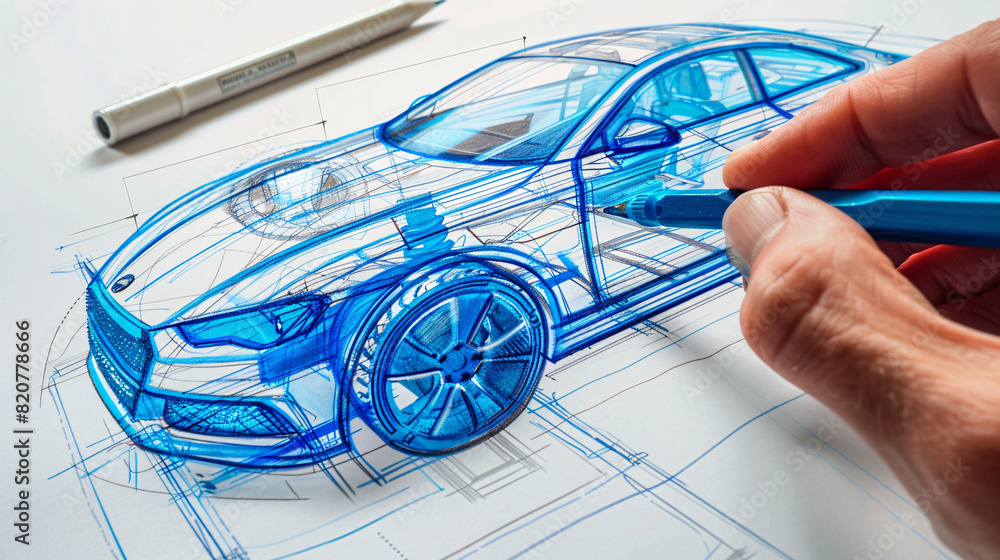 Hand drawing a detailed blueprint of a car, showcasing detailed lines ...