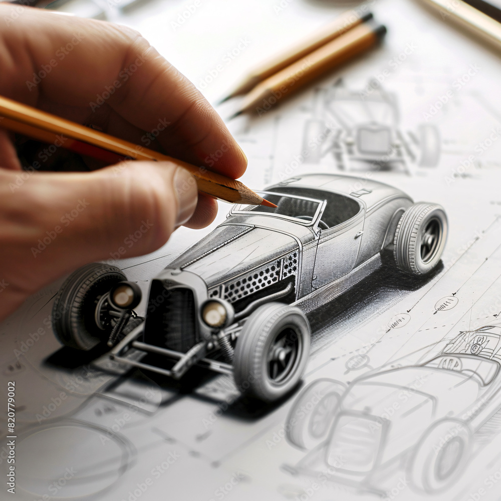 Hand drawing a detailed blueprint of a car, showcasing detailed lines ...