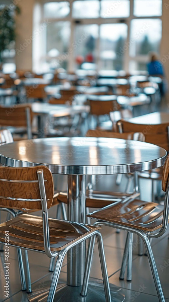 Interior of a public cafeteria room with stainless steel tables and ...