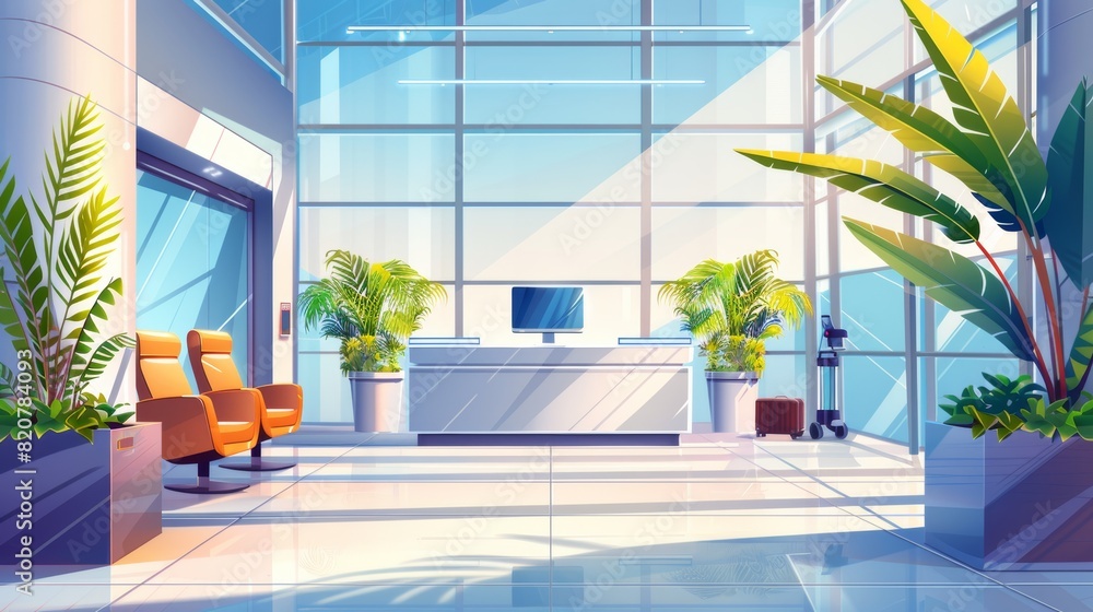 Hotel lobby interior design. Modern cartoon illustration of a large ...