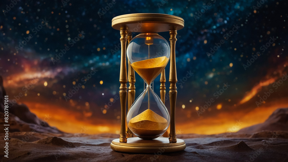 Hourglass hovering in space with ammonite fossil inside clock standing ...